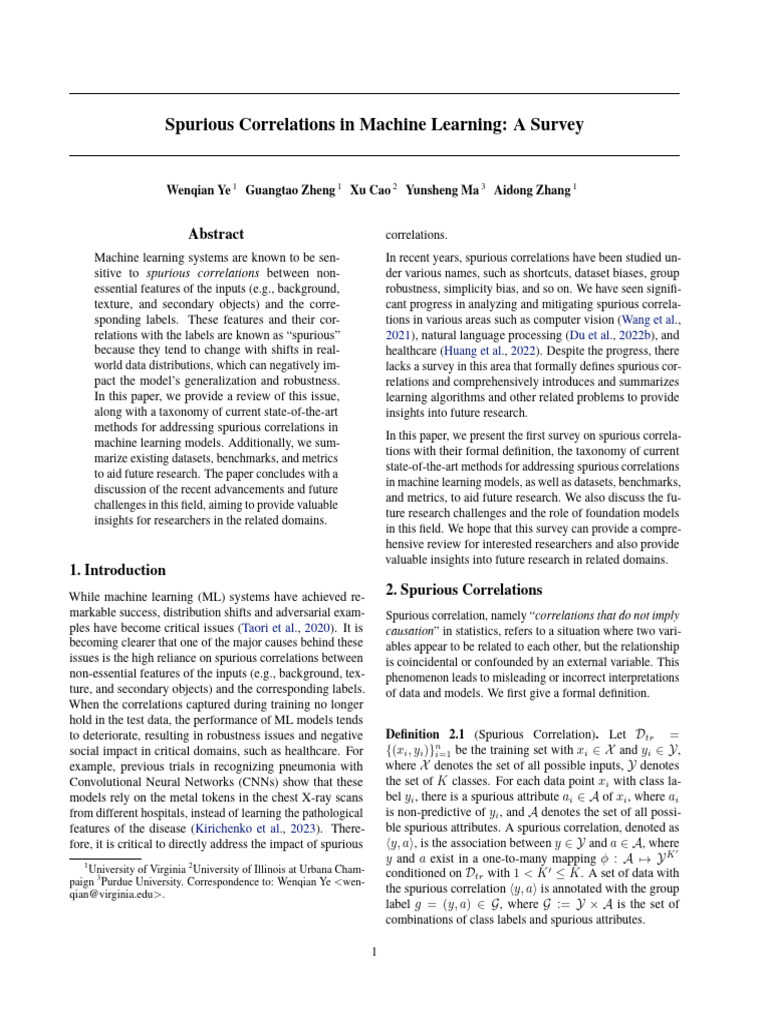 Spurious Correlations in Machine Learning: A Survey: Wenqian Ye Guangtao Zheng Xu Cao Yunsheng ...