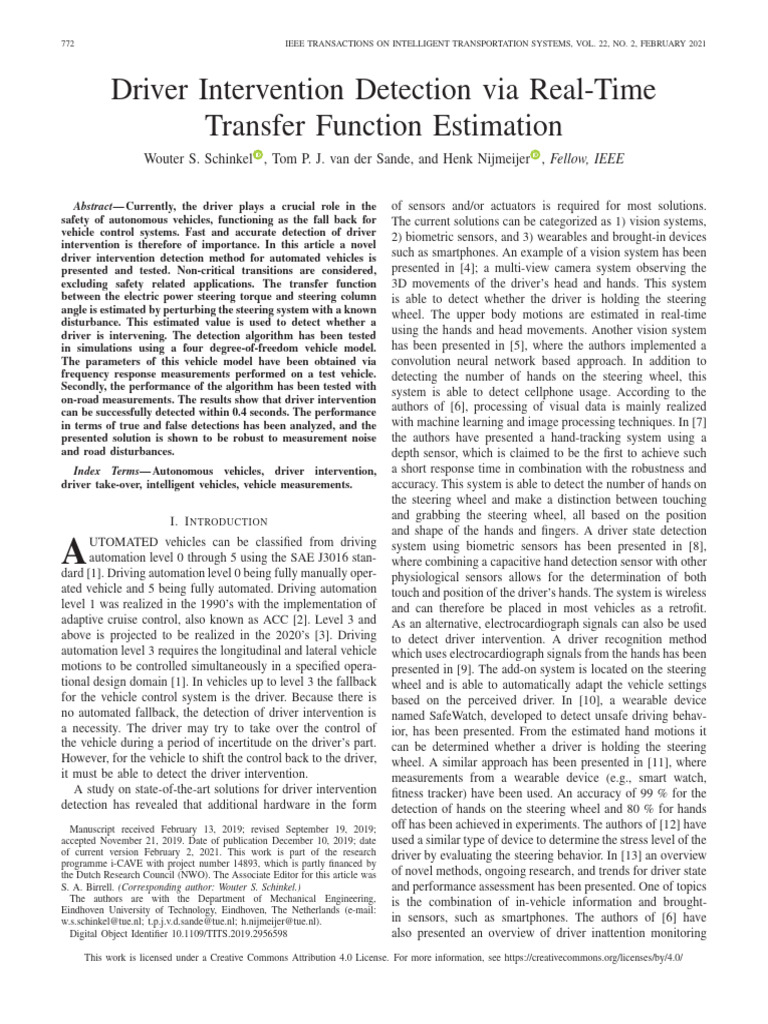 Driver Intervention Detection Via Real-Time Transfer Function ...