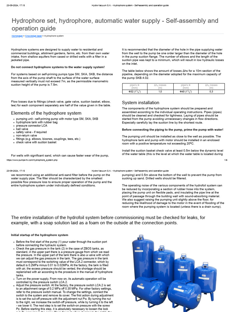 Hydro-Vacuum S.A. - Hydrophore System - Self-Assembly and Operation ...