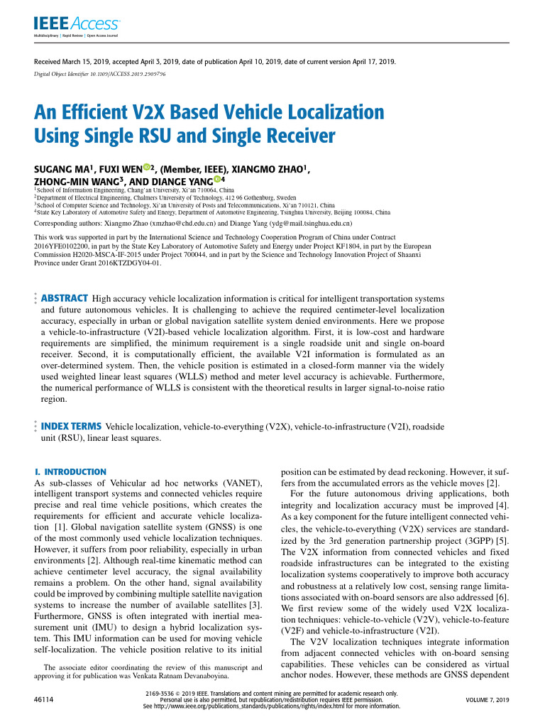 An Efficient V2x Based Vehicle Localization Using Single Rsu And Single Receiver Pdf