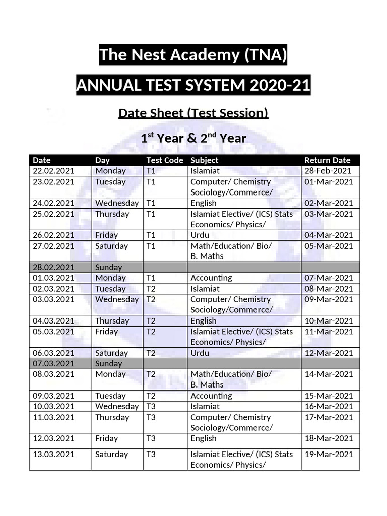 first year schedule time table TNA | PDF