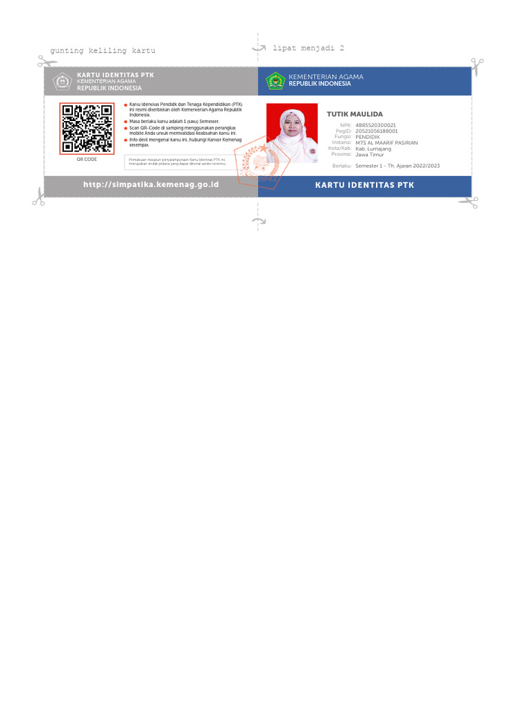 Kartu Identitas PTK: Lipat Menjadi 2 Gunting Keliling Kartu | PDF