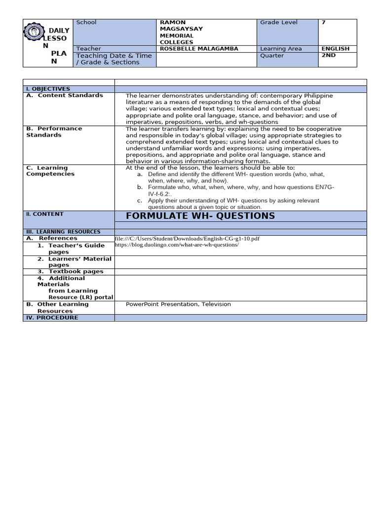 Lesson Plan Sample | PDF