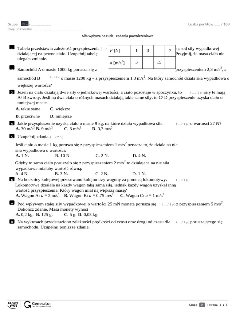 Dział III Siła Wpływa Na Ruch - Powtórzenie PDF | PDF