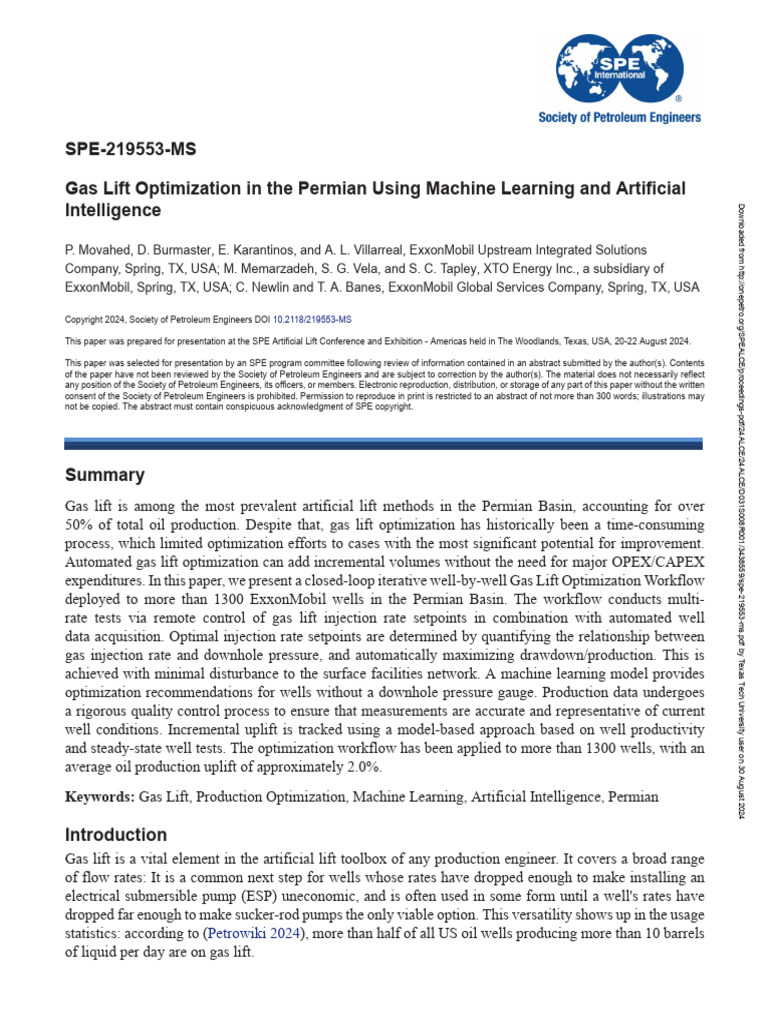 Gas Lift Optimization in The Permian Using Machine Learning and Artificial Intelligence | PDF