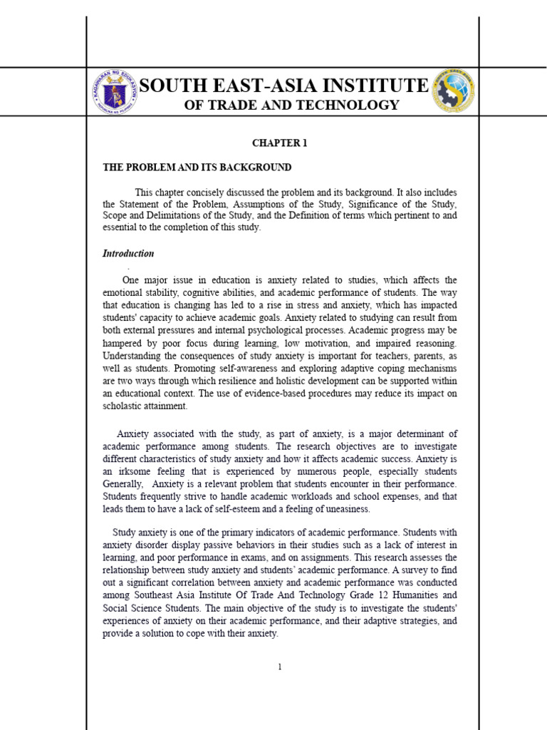 Study Anxiety and Scholastic Performance of Grade 12 HUMSS Students at ...
