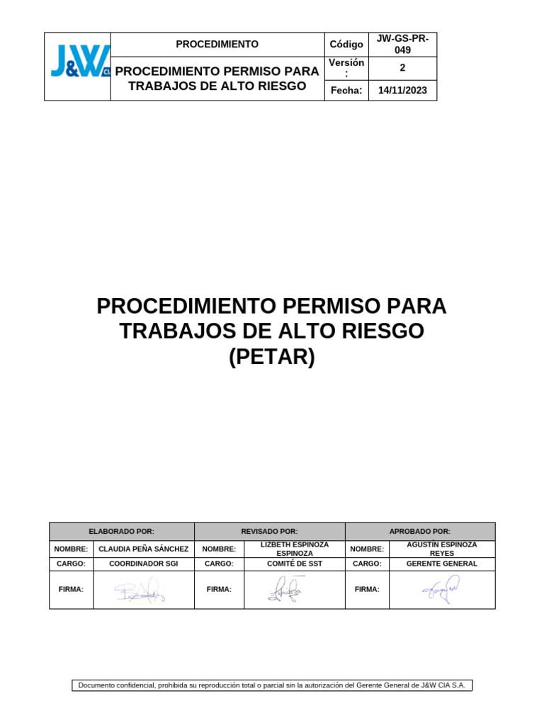 JW-GS-PR-049 - Procedimiento para Permiso de Trabajo de Riesgo | PDF