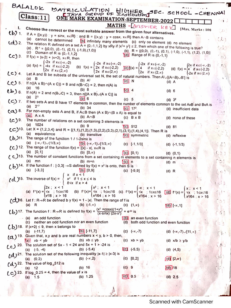 11th Maths 1 Mark Question Paper With Answer Key English Medium PDF ...
