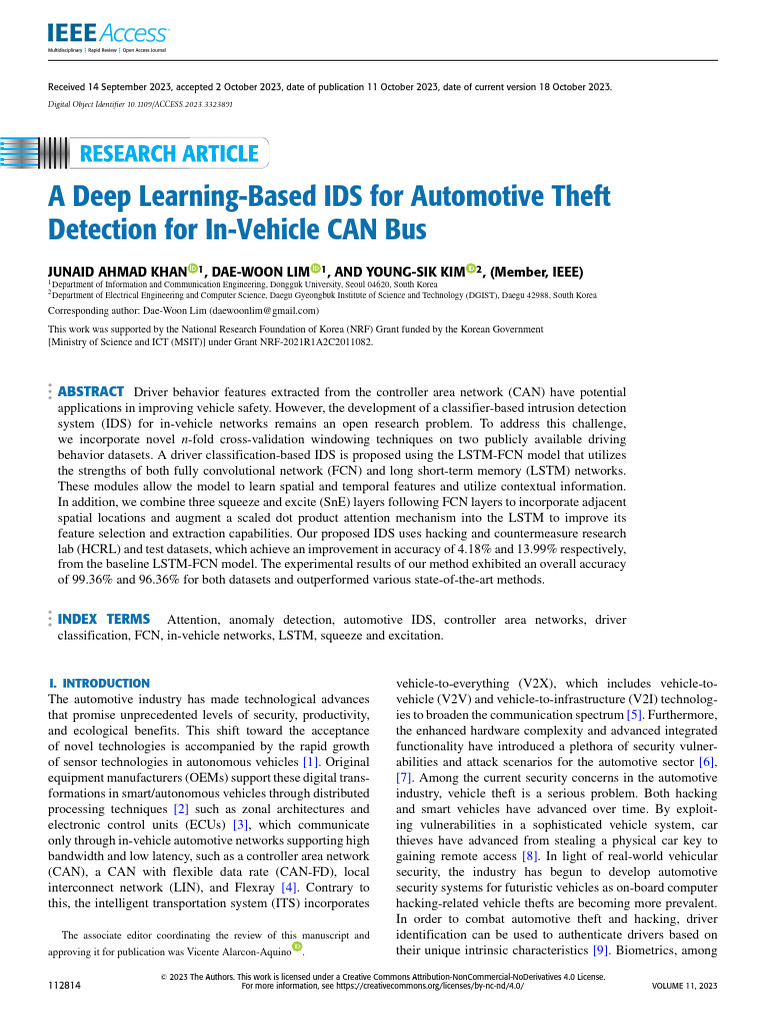 A Deep Learning-Based IDS For Automotive Theft Detection For In-Vehicle ...
