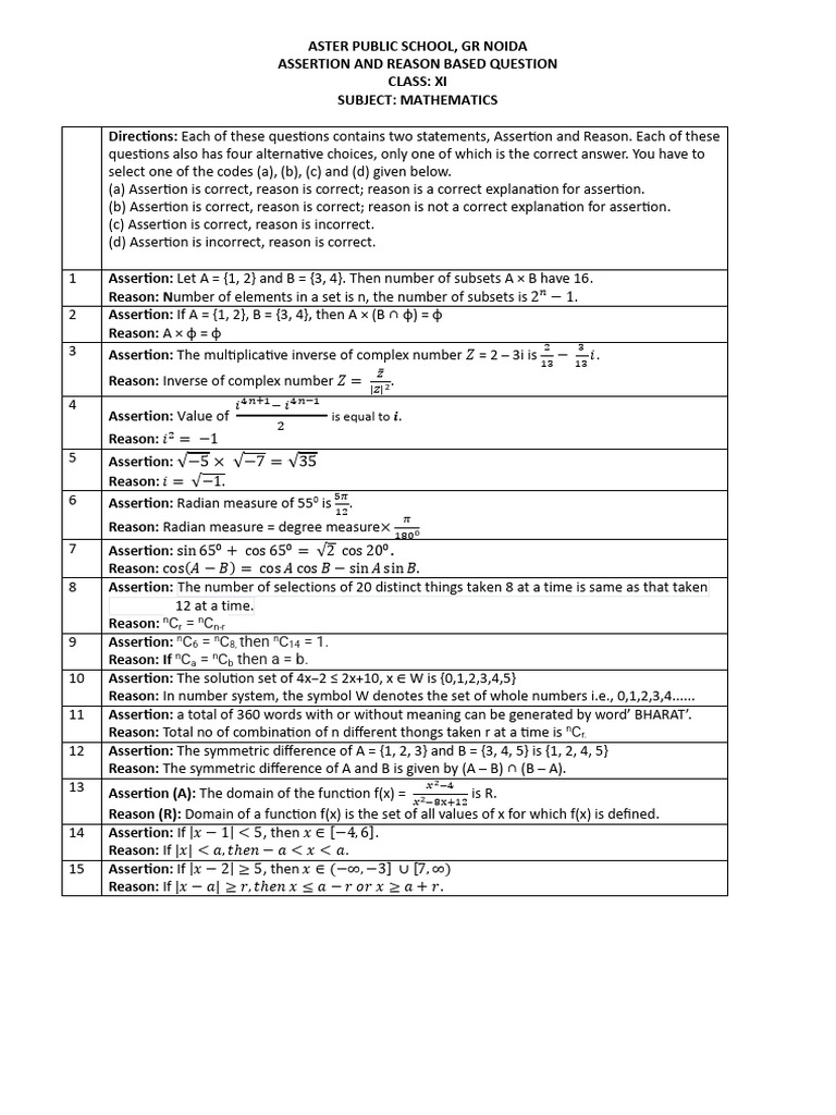 Assertion and Reason CL 11 | PDF | Mathematical Logic | Mathematical Objects