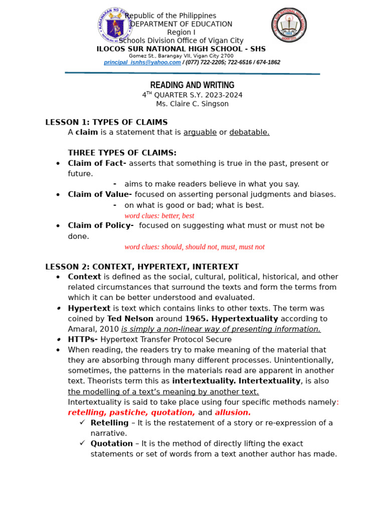 Reading and Writing Reviewer | PDF | Intertextuality