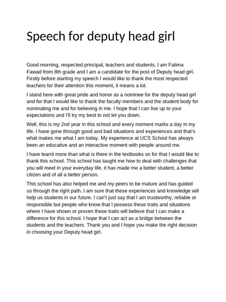 Speech For Deputy Head Girl | PDF