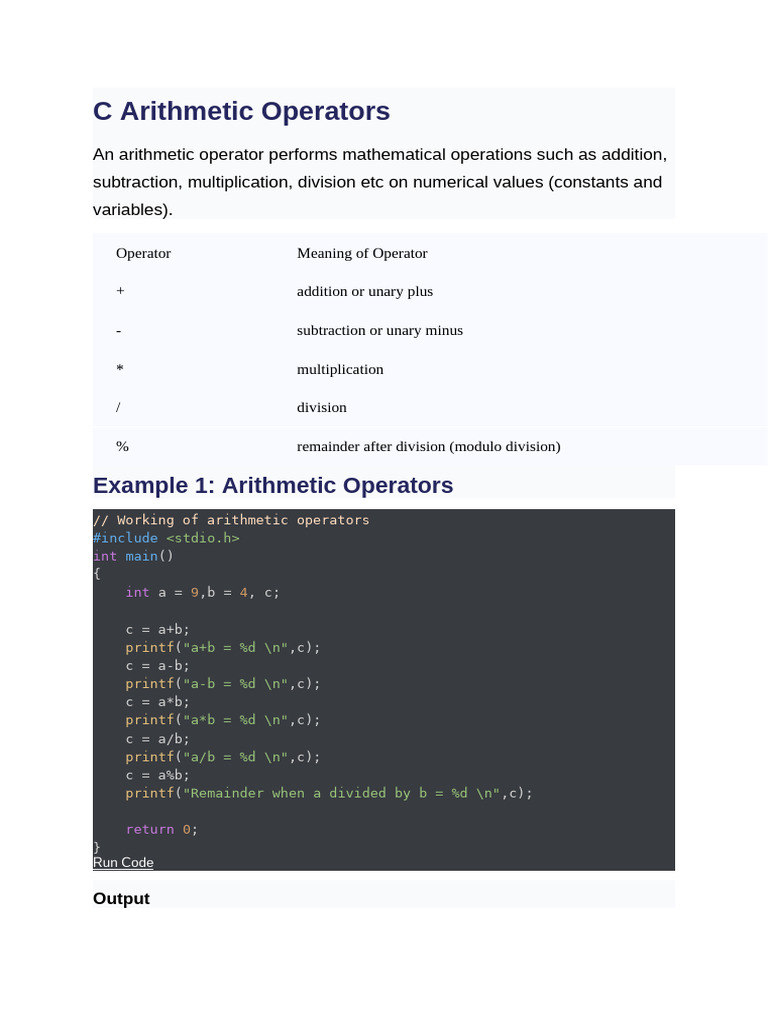 C Arithmetic Operators | PDF