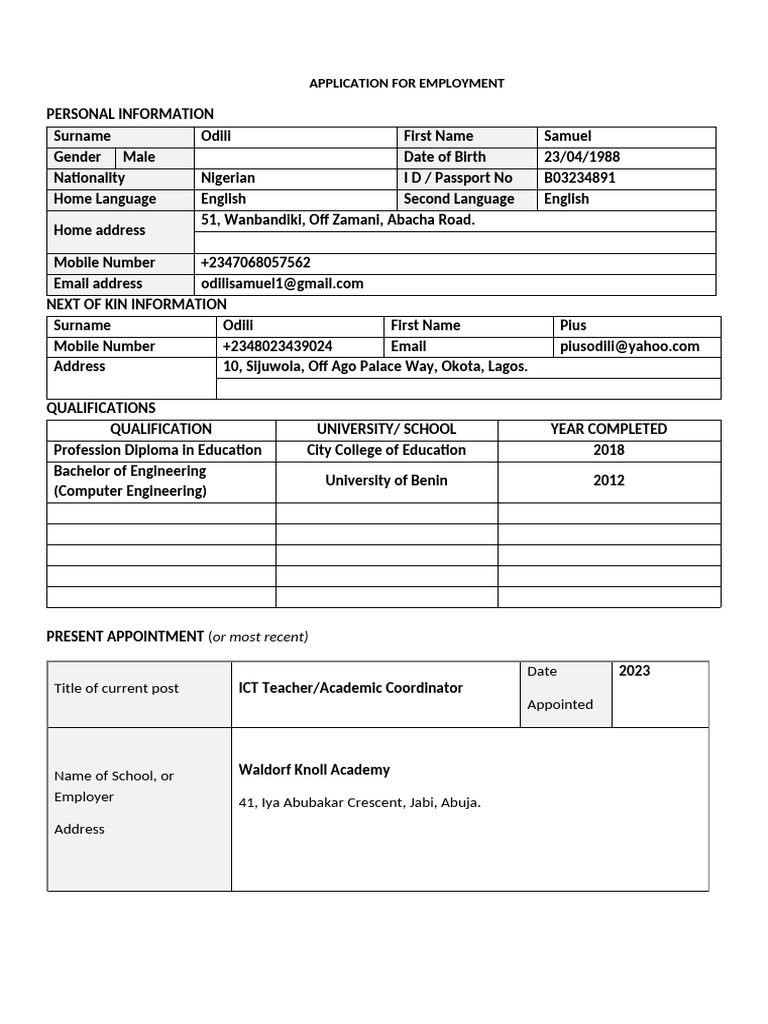 Abuja World Academy Application Form | PDF