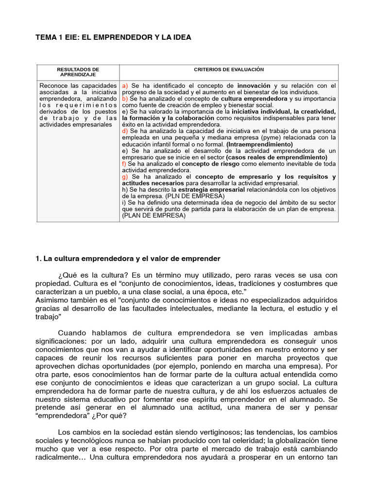 Tema 1 El Emprendedor y La Idea Eie | PDF