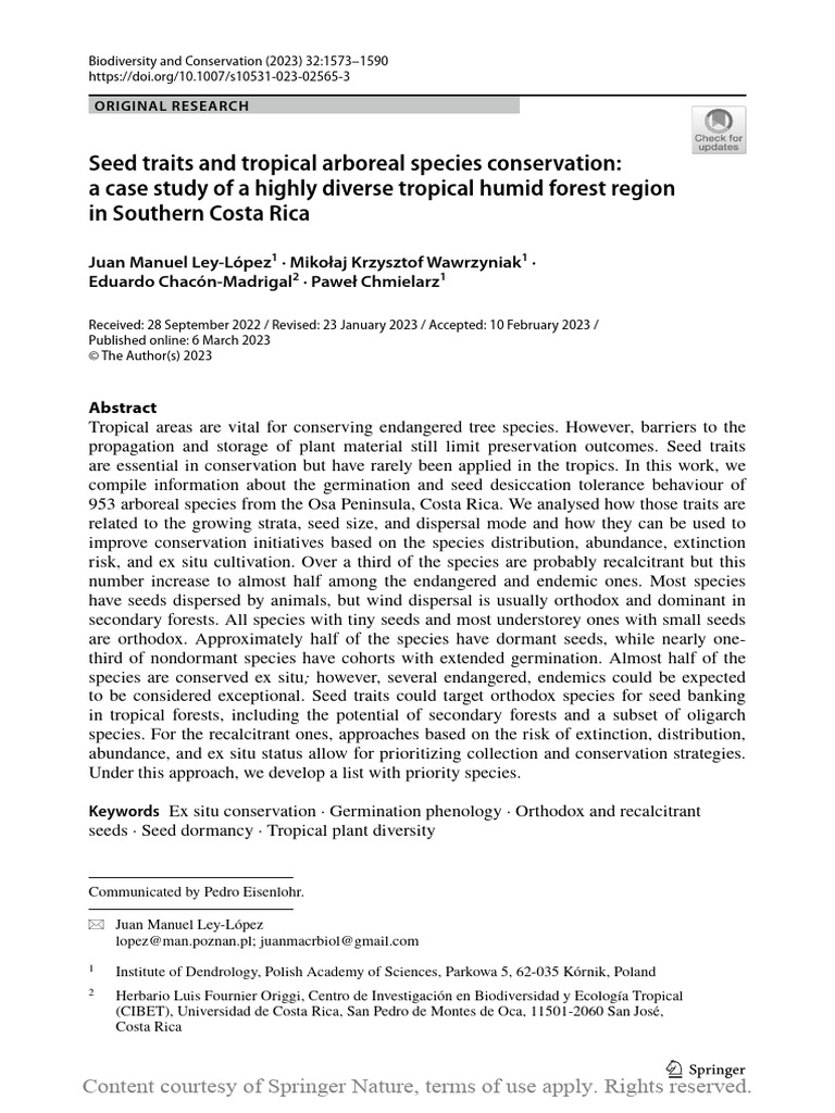 Seed Traits and Tropical Arboreal Species Conserva | PDF
