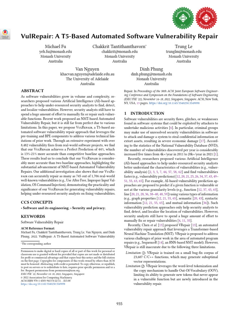 VulRepair: A T5-Based Automated Software Vulnerability Repair | PDF