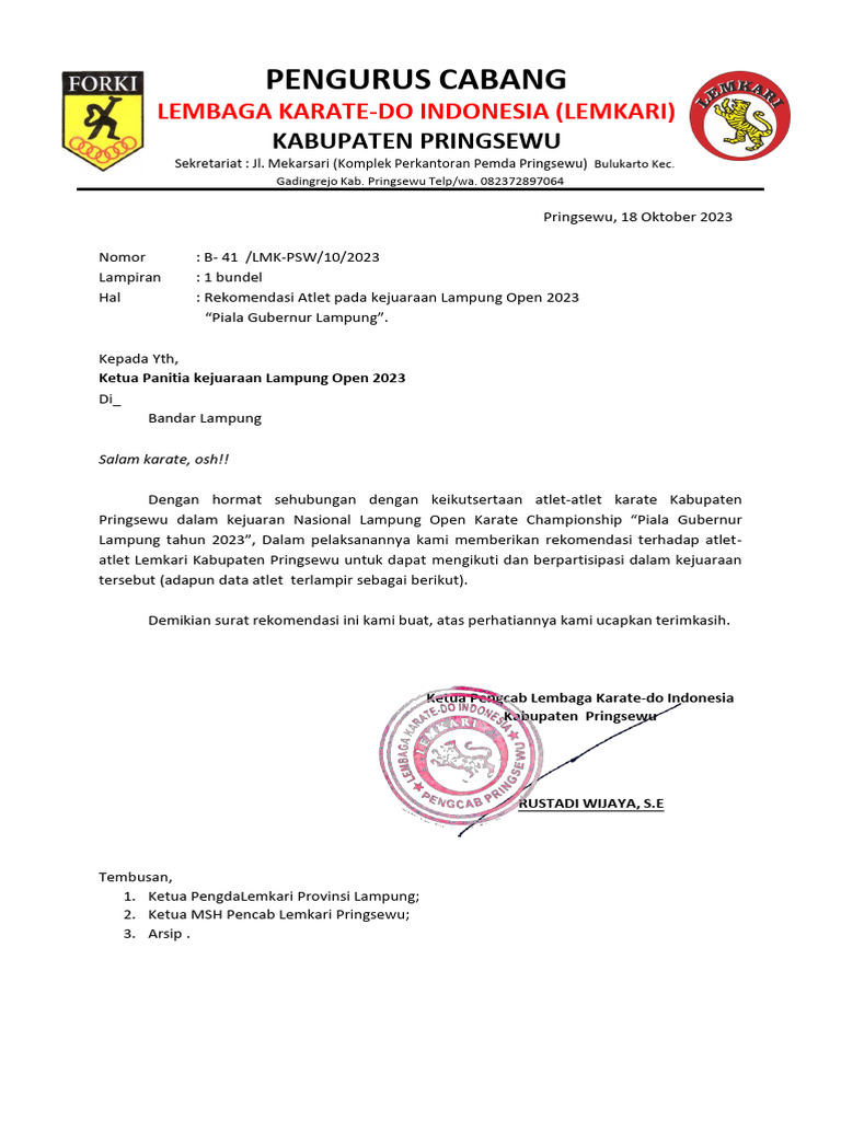 surat rekomendasi atlet lampung open | PDF
