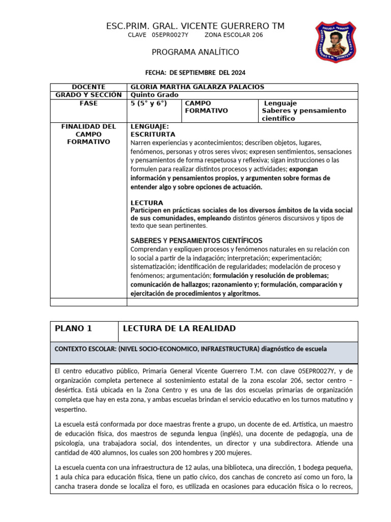 Programa Analitico QUINTO | PDF