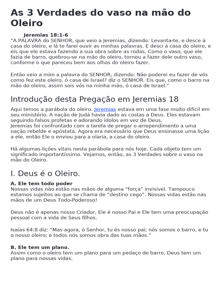 3 Verdades Do Vaso Do Oleiro Pdf Jeremias Cerâmica