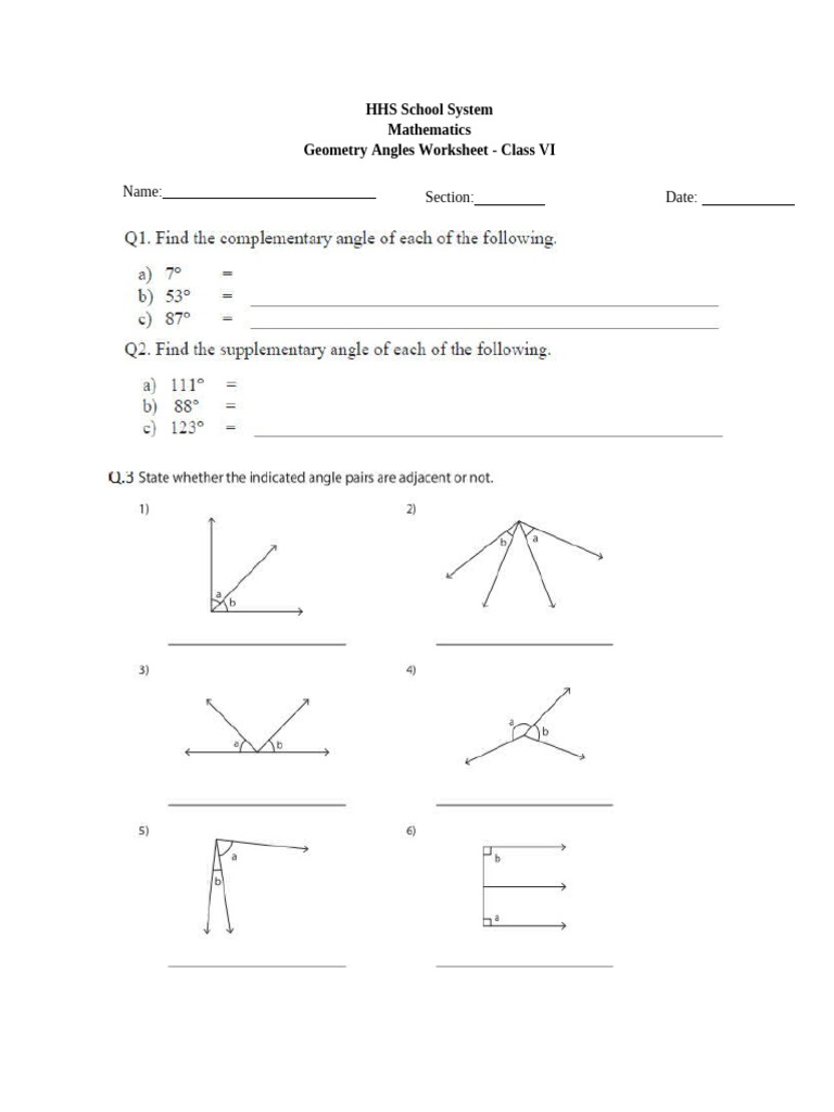 Class VI Angles Worksheet | PDF