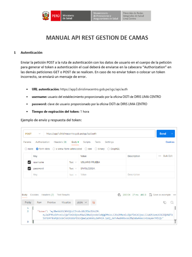 Manual de Usuario Del API Del Sistema de Gestion de Camas | PDF | Autenticación | Informática