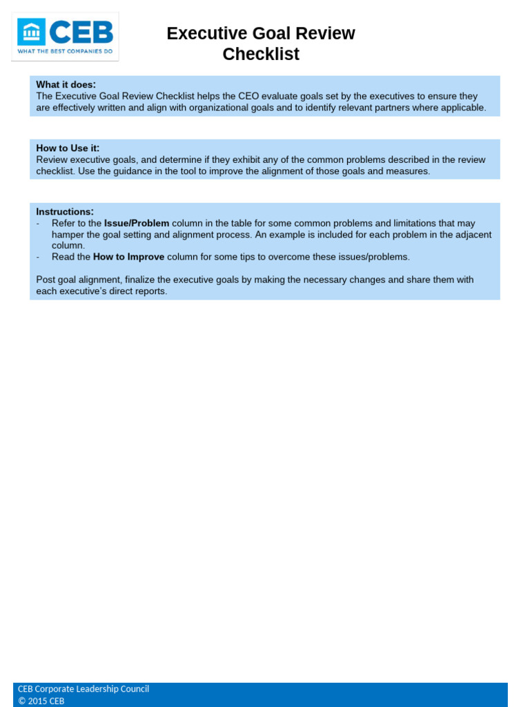 3.1 Executive Goal Review Checklist | PDF | Goal | Goal Setting