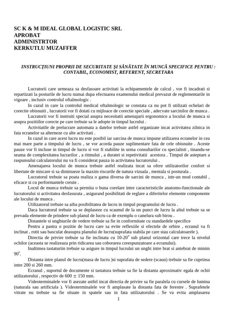 Instructiuni SSM Contabil, Economist, Referent, Secretara | PDF