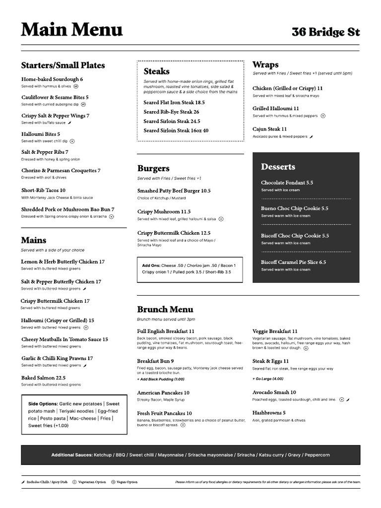 Final 36 Bridge St A3 Main Menu Brunch | PDF
