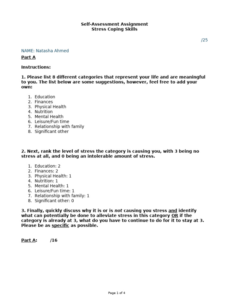 Self-Assessment Assignment Stress Coping Skills | PDF | Motivation ...