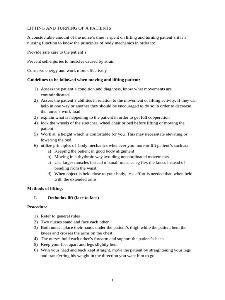 Lifting and Turning of a Patients | PDF