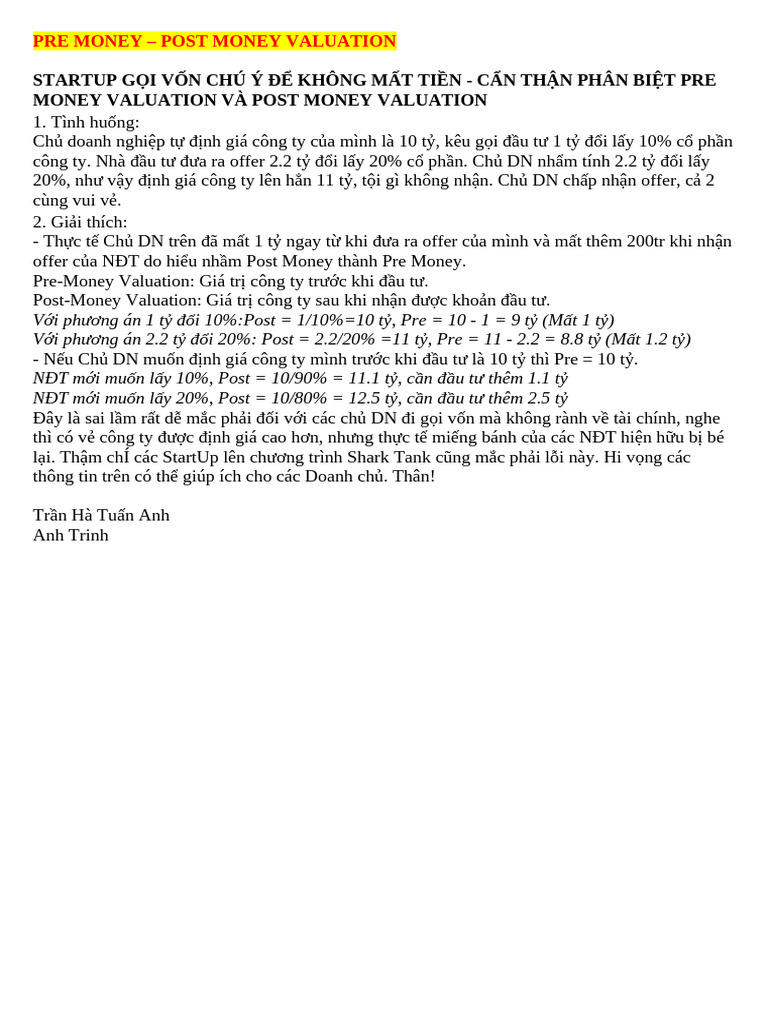 Pre Money - Post Money Valuation | PDF