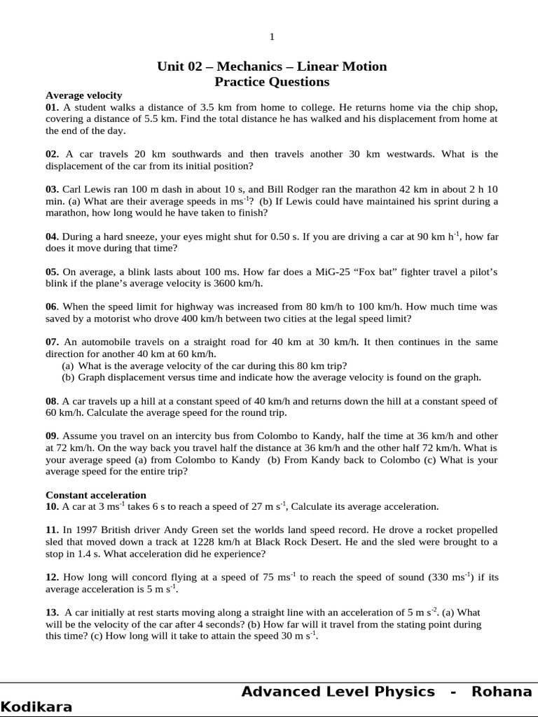 Linear Motion Practice Questions | PDF