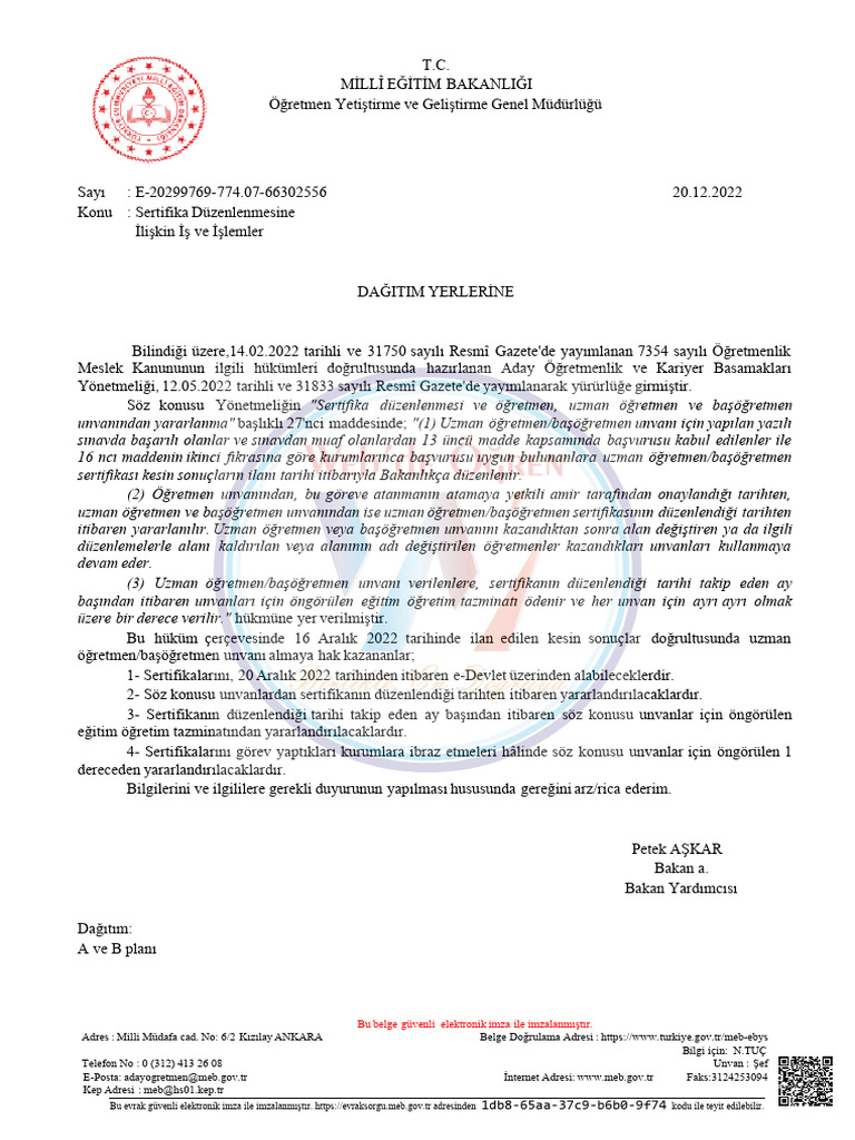 Uzman Ve BaAyretmenlik Sertifika Dyzenlenmesine Liakin A Ve Alemler 20. ...