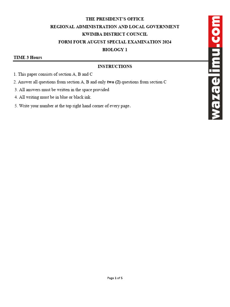 Biology F4 August 2024 | PDF