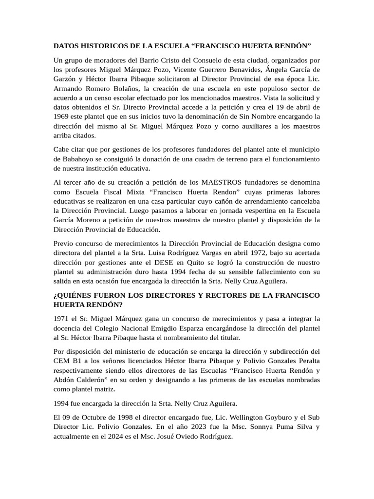 DATOS HISTORICOS DE LA ESCUELA “FRANCISCO HUERTA RENDÓN” | PDF