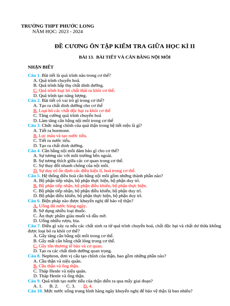 SINH 11 - ĐỀ CƯƠNG ÔN TẬP KT GIỮA HKII - 23 - 24 | PDF