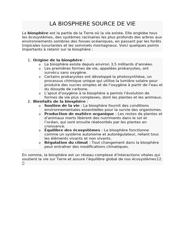 La Biosphere Source de Vie | PDF