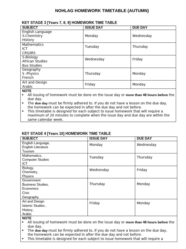 Homework Timetable 2024 2025 | PDF