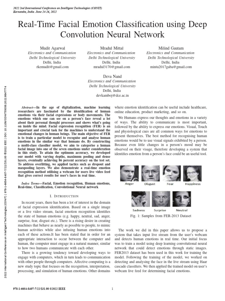 Real Time Facial Emotion Classification Using Deep Convolution Neural
