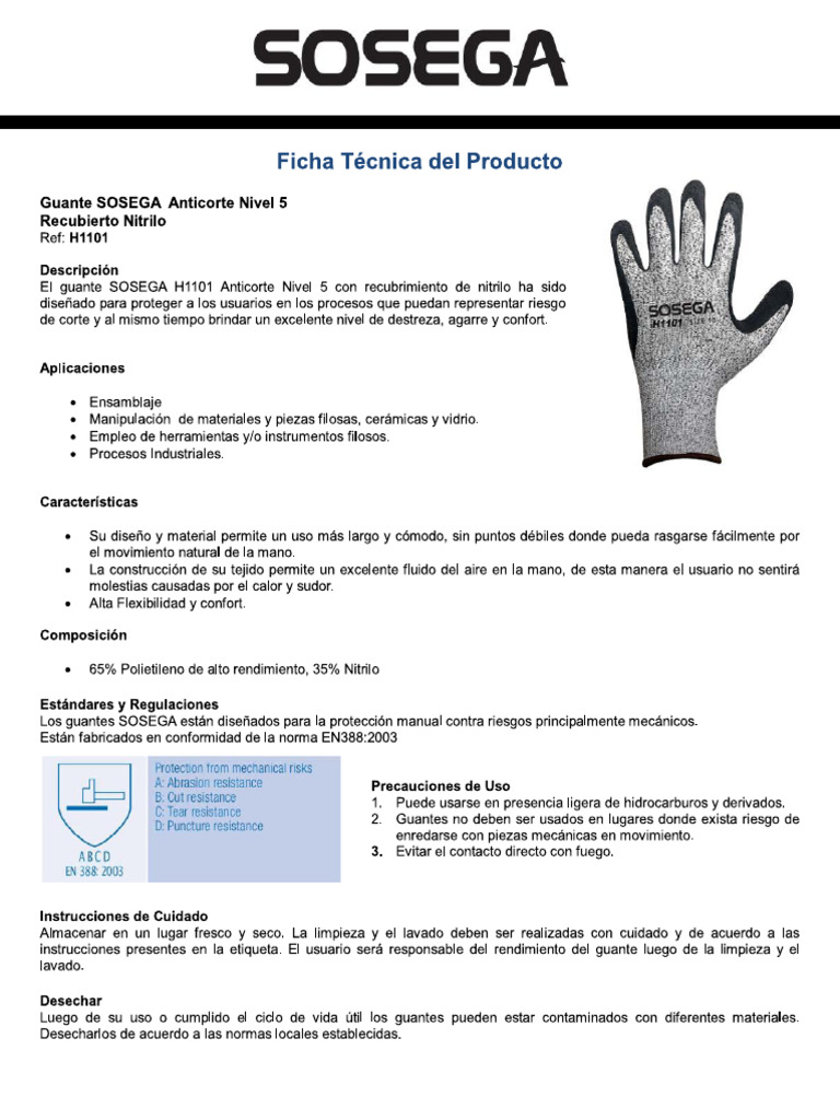 Ficha Tecnica Guante Clase 5 SOSEGA H1101 | PDF