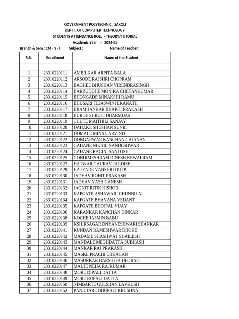 Attendance Roll for Computer Tech 2024-25 | PDF