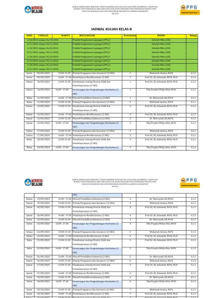 Jadwal Perkuliahan Kelas B | PDF