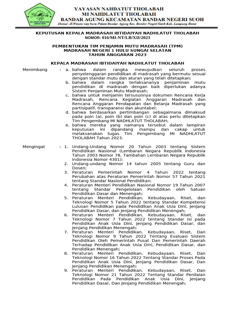 Pembentukan Tim Pengembang MI 2023 | PDF