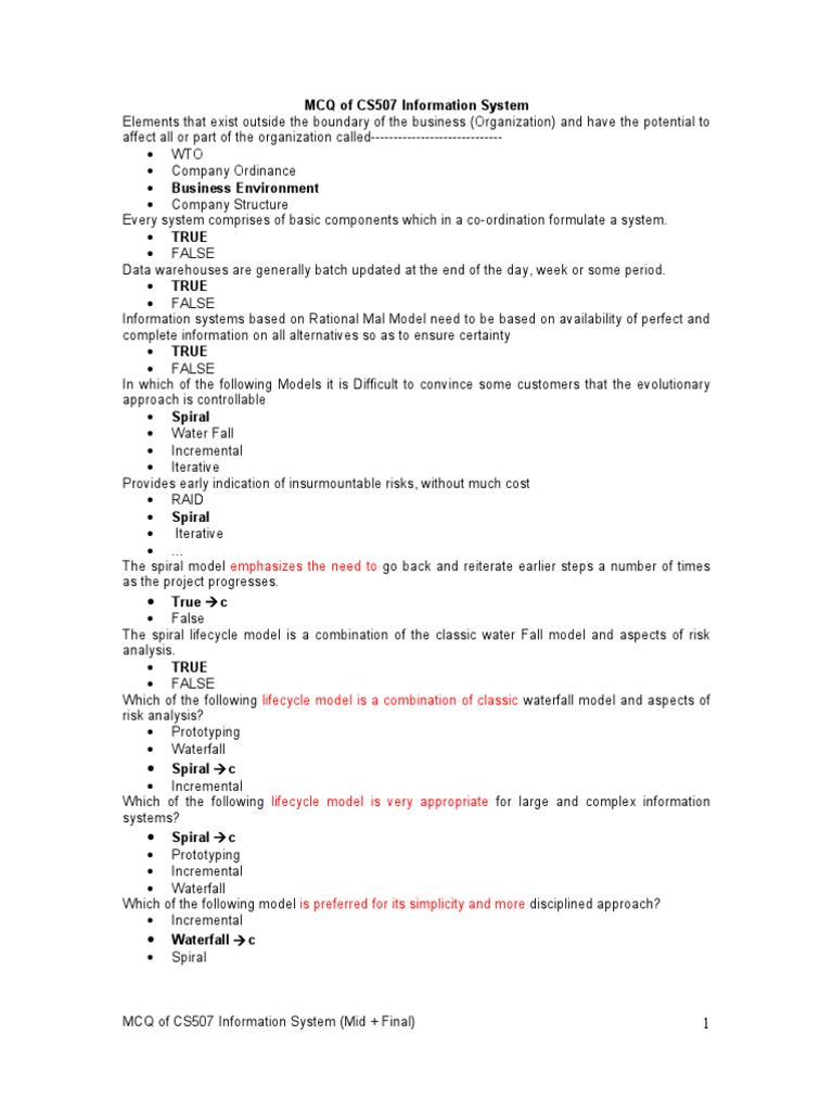 MCQ of CS507 Information System: Emphasizes The Need To | Download Free PDF | Software ...