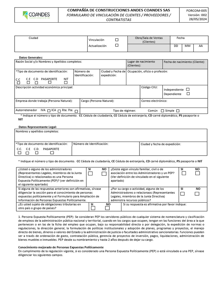 FORCOM-005 FORMULARIO DE VICULACION ACTUALIZADO SAGRILAFT v.2 | PDF