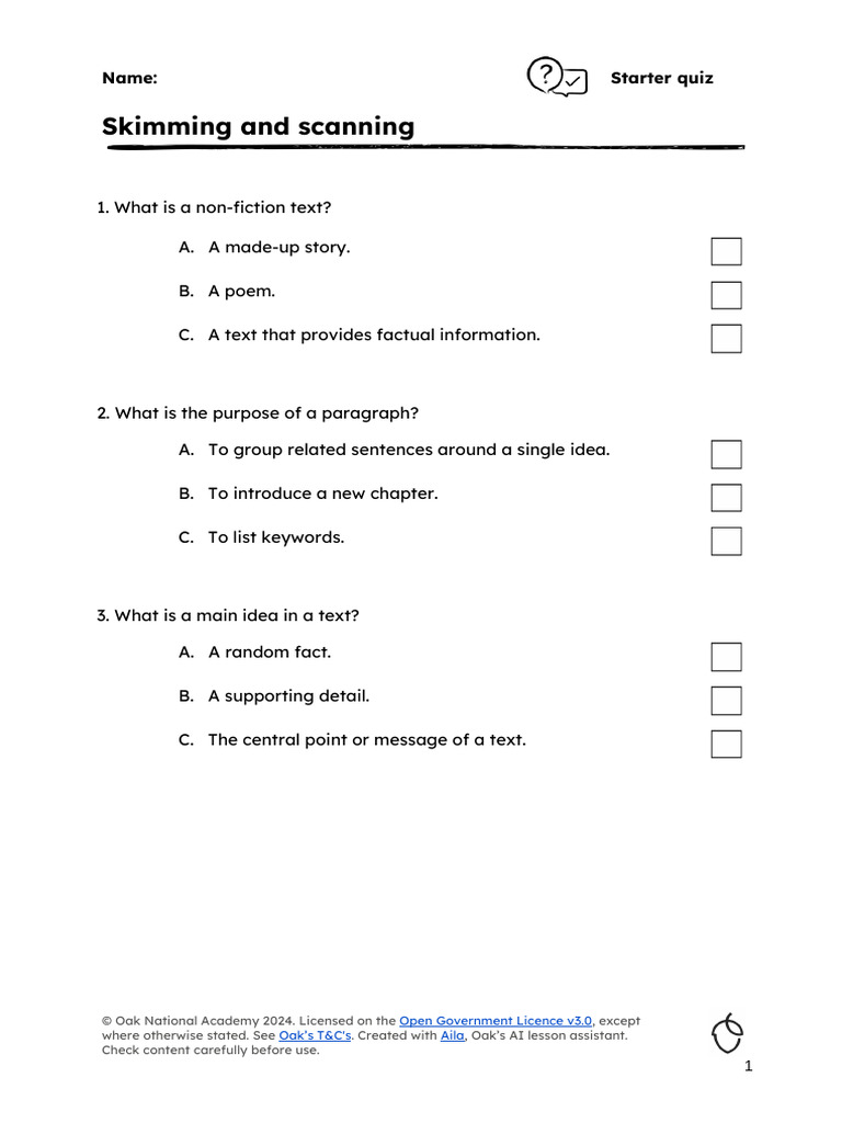 Skimming and Scanning - 9mjviee4 - Starter Quiz | PDF
