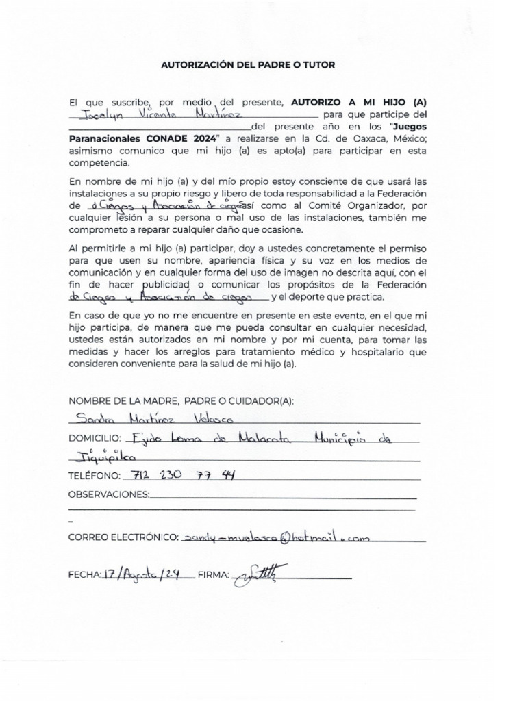 Autorizacion Del Padre o Tutor | PDF