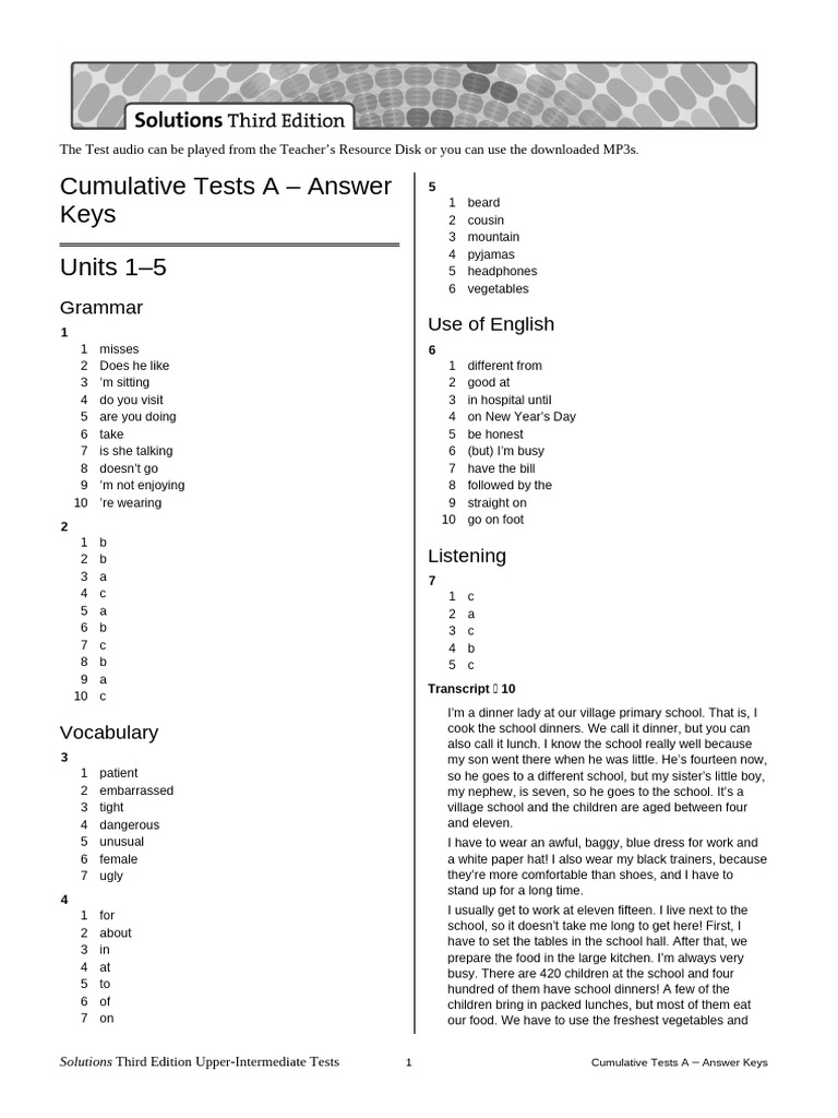 Sol3e Elem Cumulative Test Answer Key A | PDF