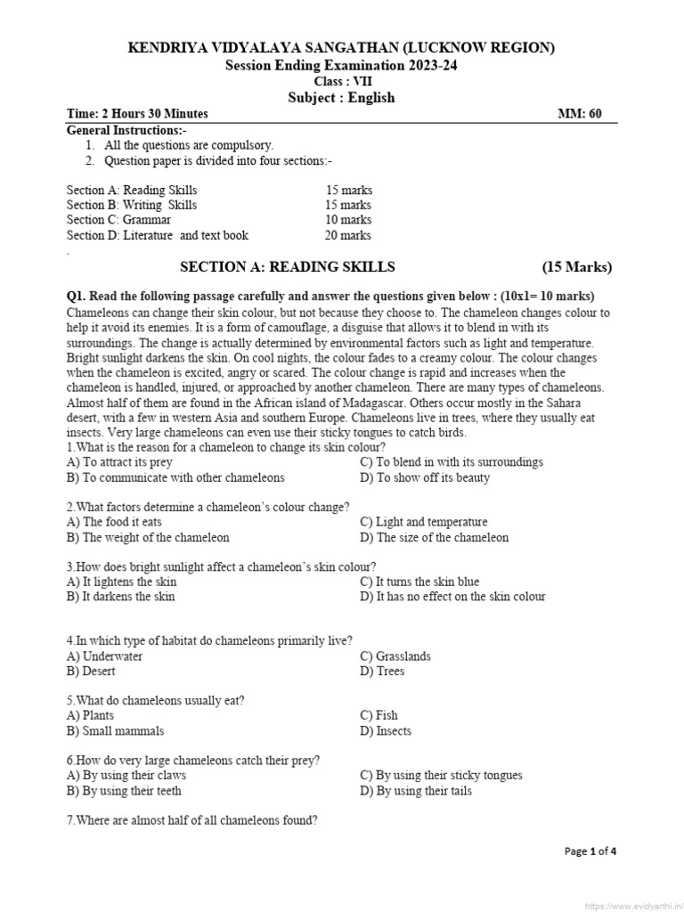 Cbse Class 7 English Previous Year Question Paper 2023 24 Term II | PDF